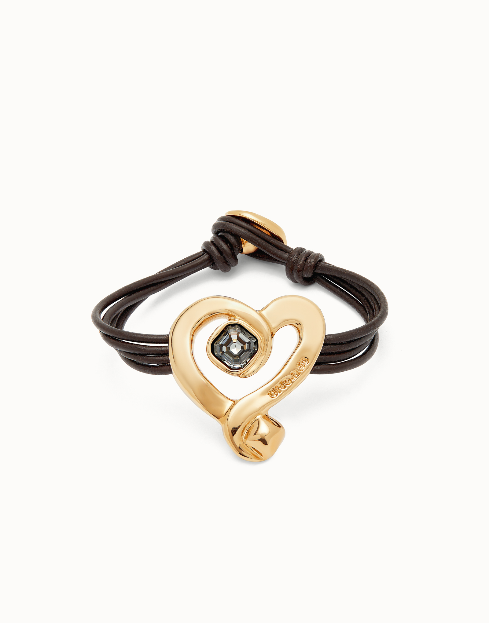 Leather bracelet with 18k gold plated heart and black crystal